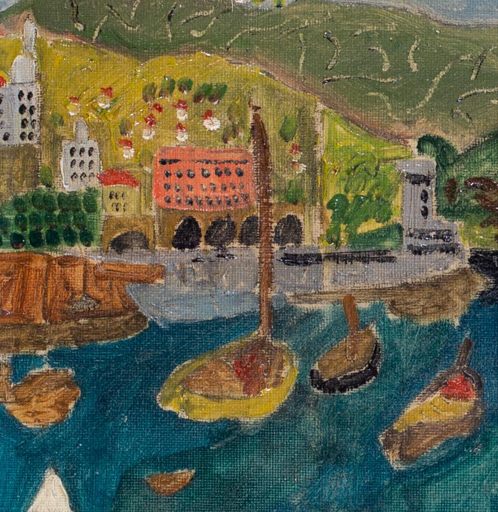 Paul Altman - 1950 naive French oil painting of a small port in the ...