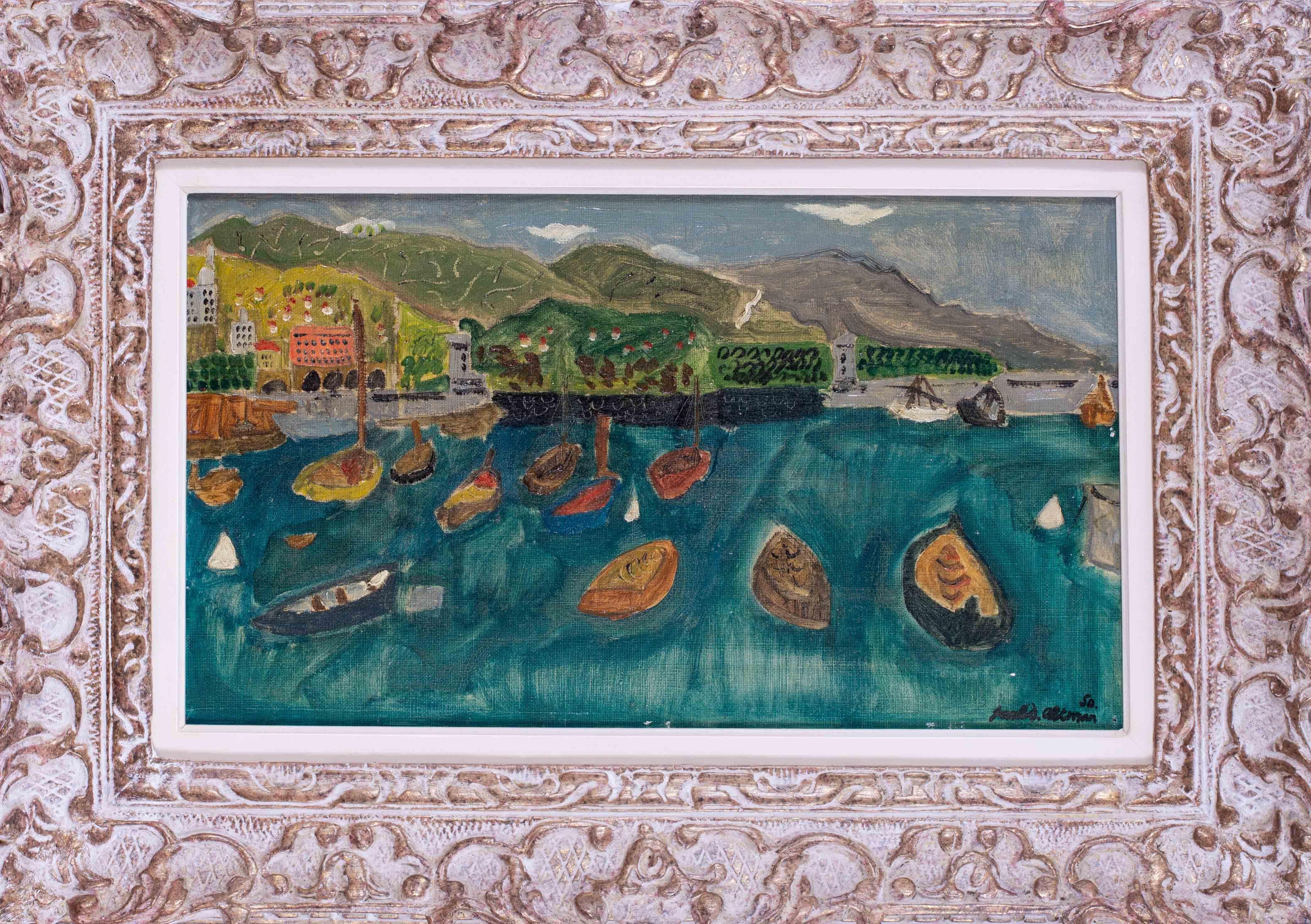 Paul Altman - 1950 naive French oil painting of a small port in the ...
