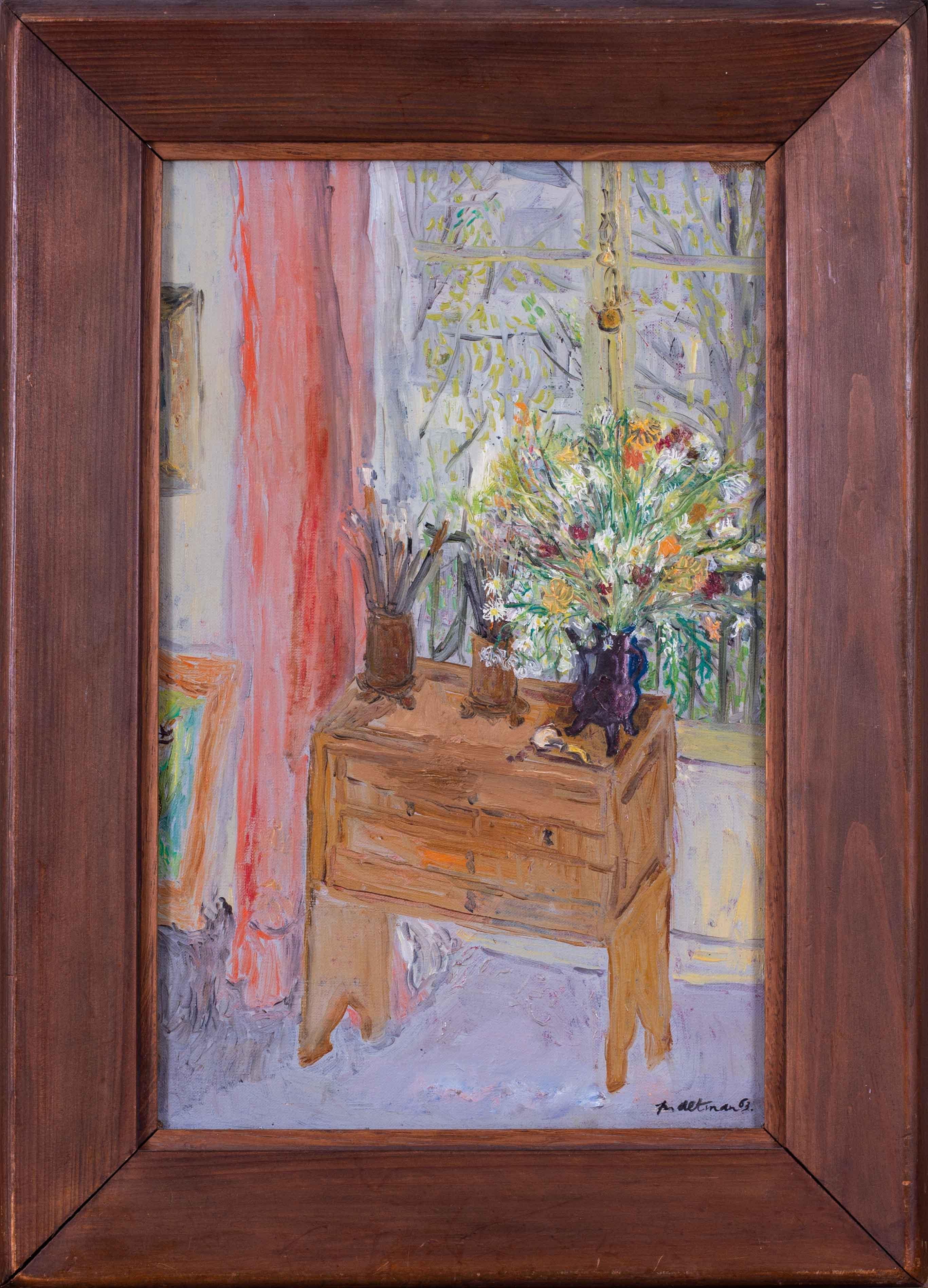Paul Altman - 1963 naive French interior painting of a vase of flowers ...