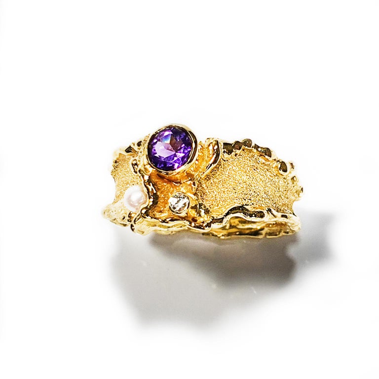 Paul Amey 9k Gold Signature Molten Edge Amethyst, Pearl and Diamond ...