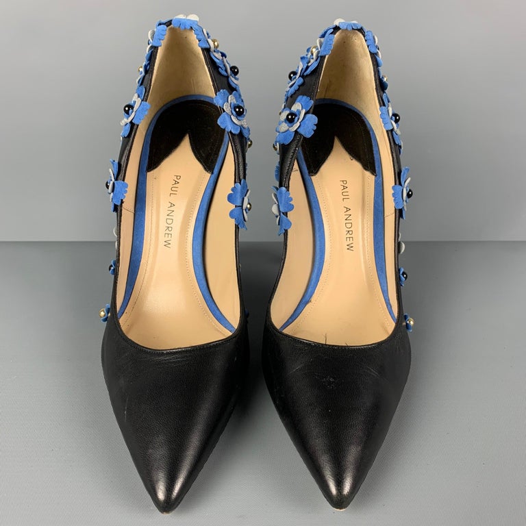 PAUL ANDREW Size 7 Black Blue Leather Floral Applique Pumps For Sale at ...