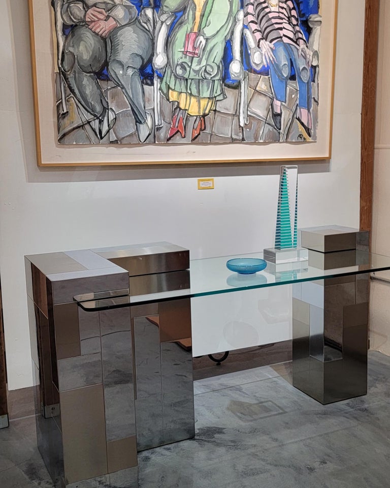 Paul Evans Attributed Cityscape Chrome and Brass Patchwork Desk For ...