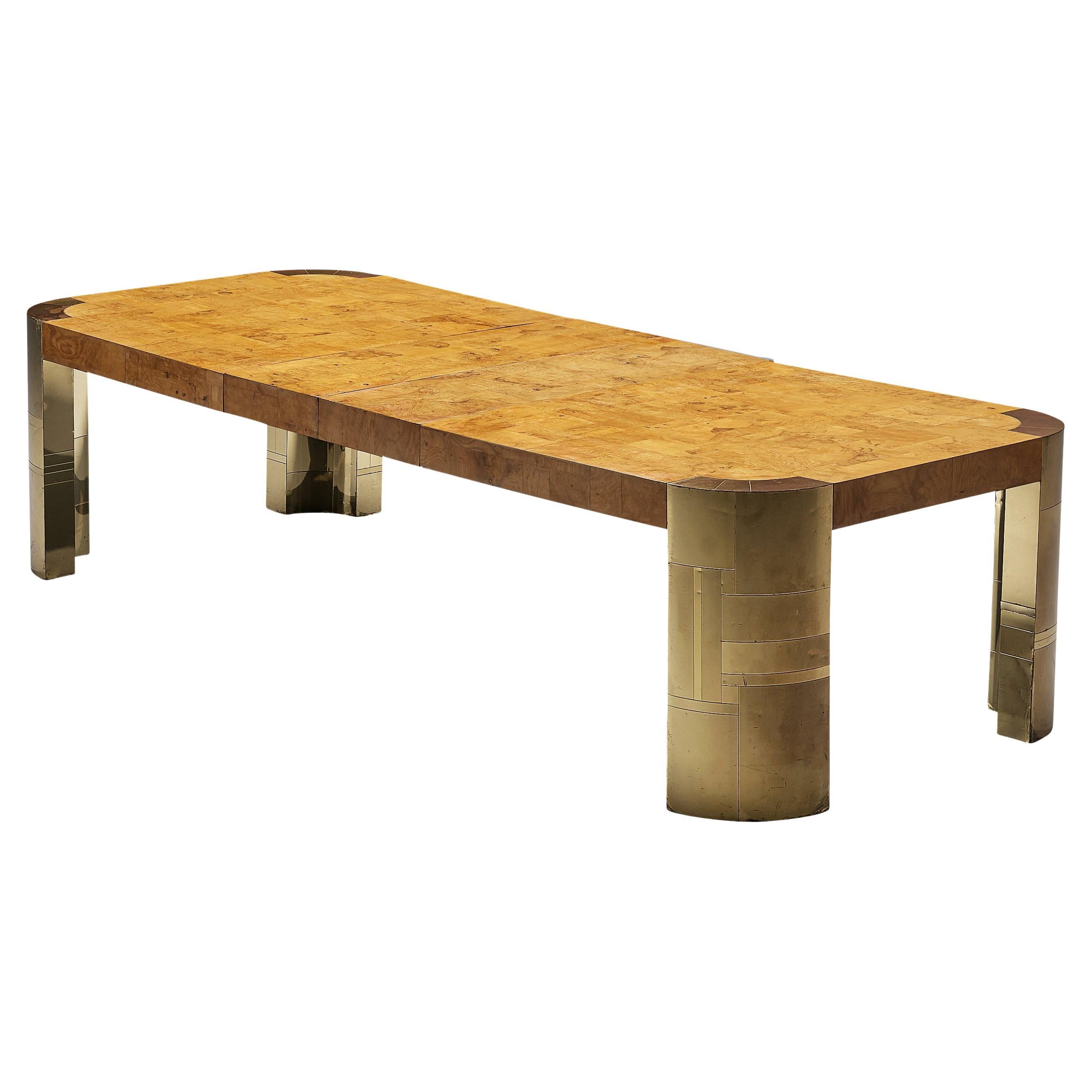 Round Brass Burl Wood Glass Top Center Dining Conference Table Henredon ...