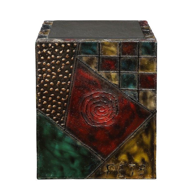 Paul Evans Hand-Welded Cube Table with Polychrome Enamels 1973 'Signed ...