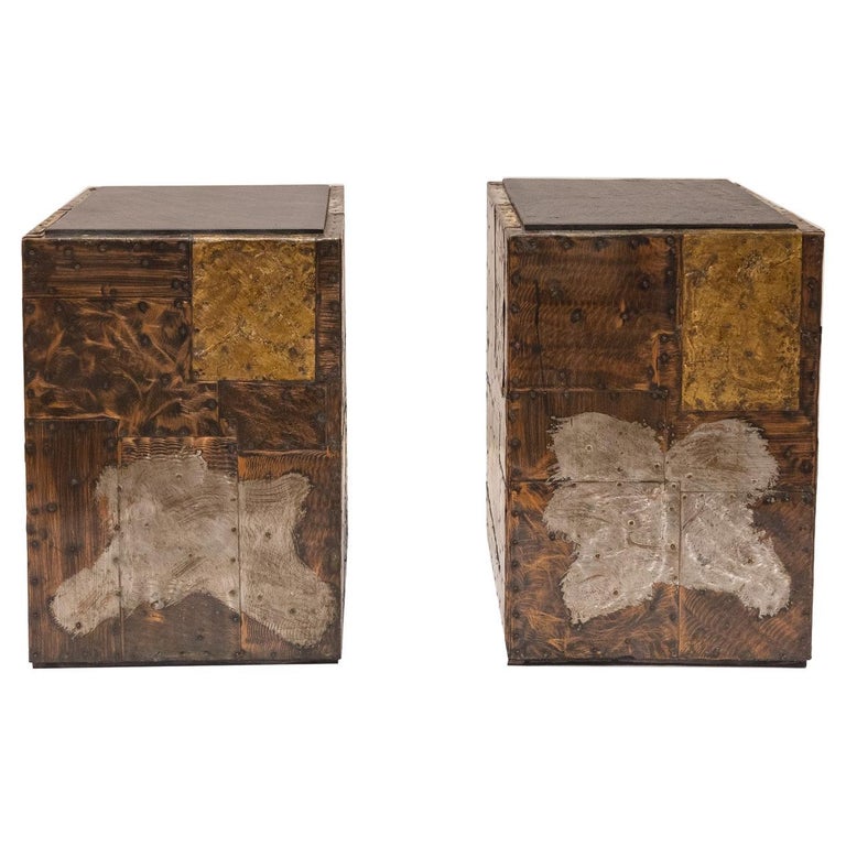 Paul Evans Pair of Patchwork Cube Tables in Pewter, Copper and Bronze ...