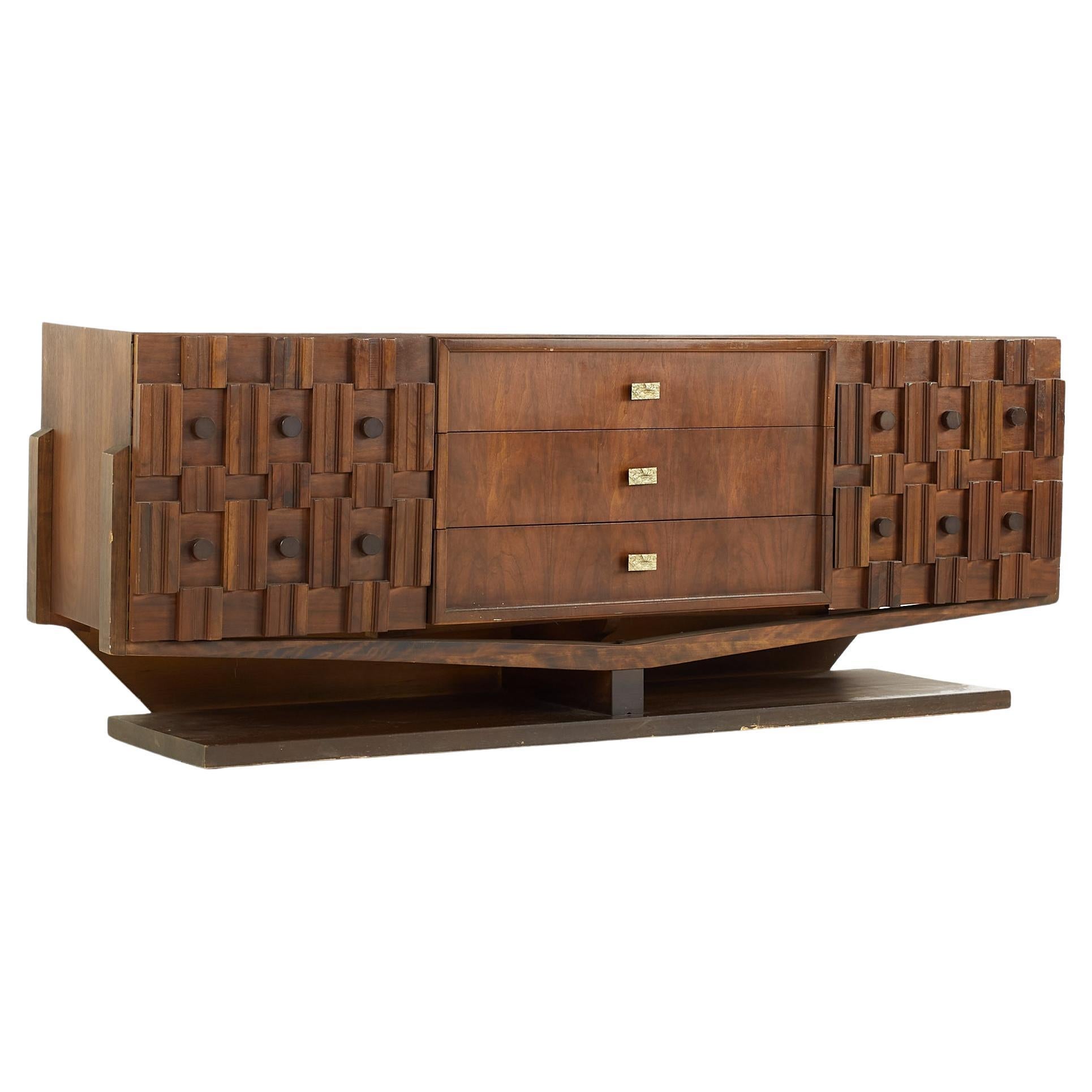Tobago Brutalist Midcentury Walnut 9 Drawer Lowboy Dresser at 1stDibs
