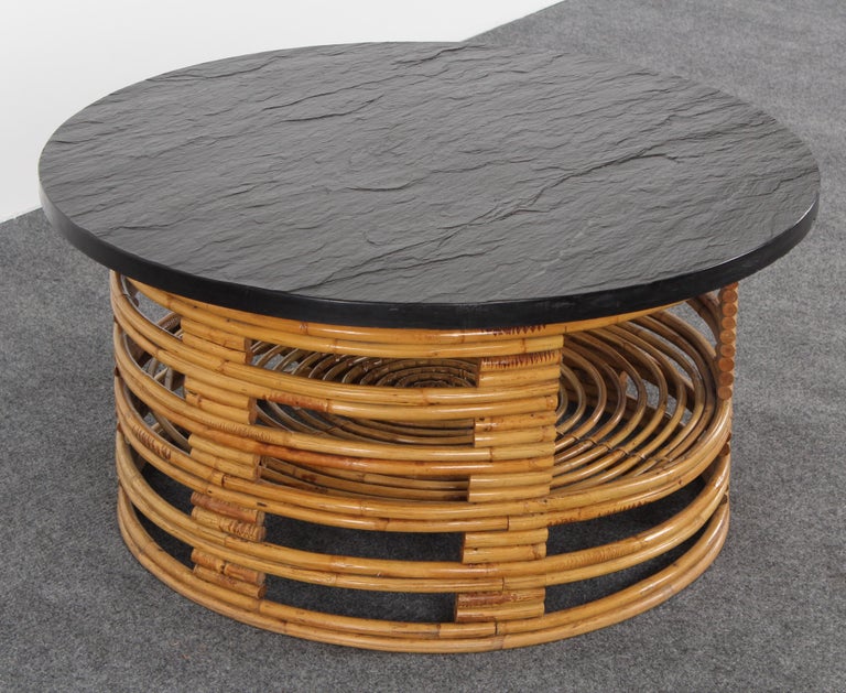 Paul Frankl Style Round Bamboo Rattan Coffee Table with Slate Top ...