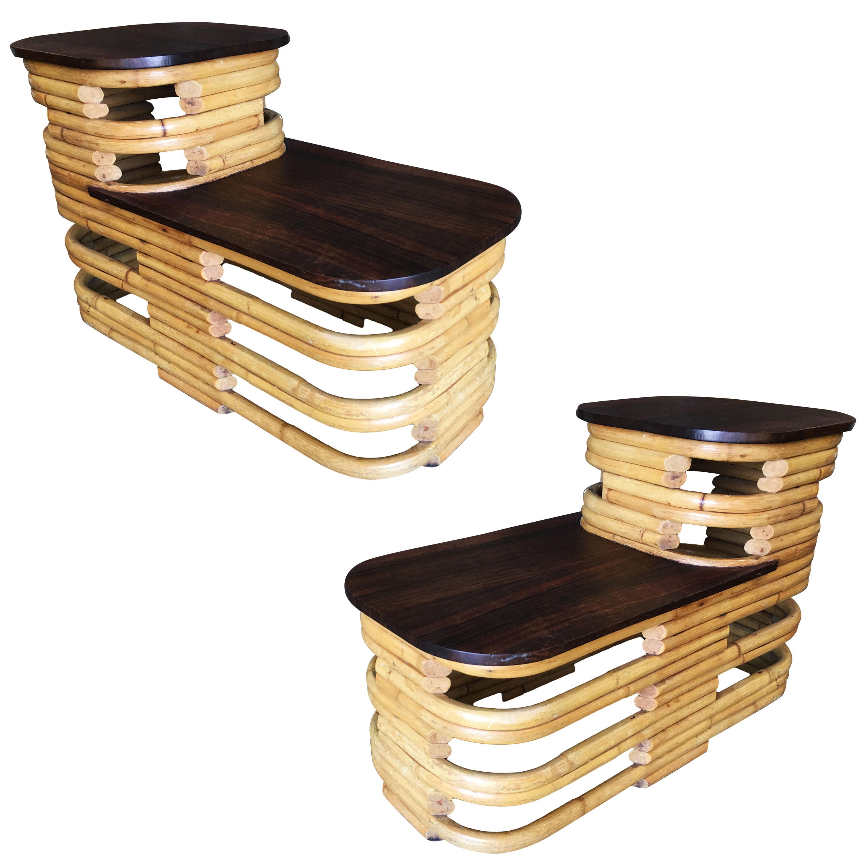 Paul Frankl Style Stacked Rattan Side Table with Cut Outs, Pair For ...