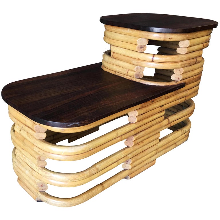 Paul Frankl Style Stacked Rattan Side Table with Cut Outs, Pair For ...