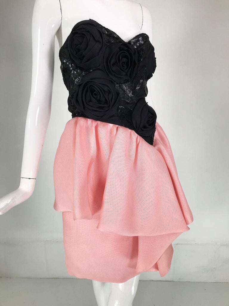 Paul-Louis Orrier Black Roses Strapless Pink Skirt Cocktail Dress Early ...
