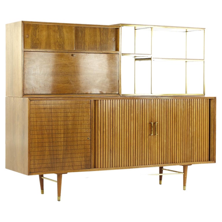 Paul McCobb Furnette MCM Walnut and Brass Credenza with Bar Display ...