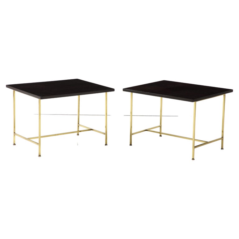 Paul McCobb Pair of Dark Brown Mid-Century Modern Tables with Brass ...
