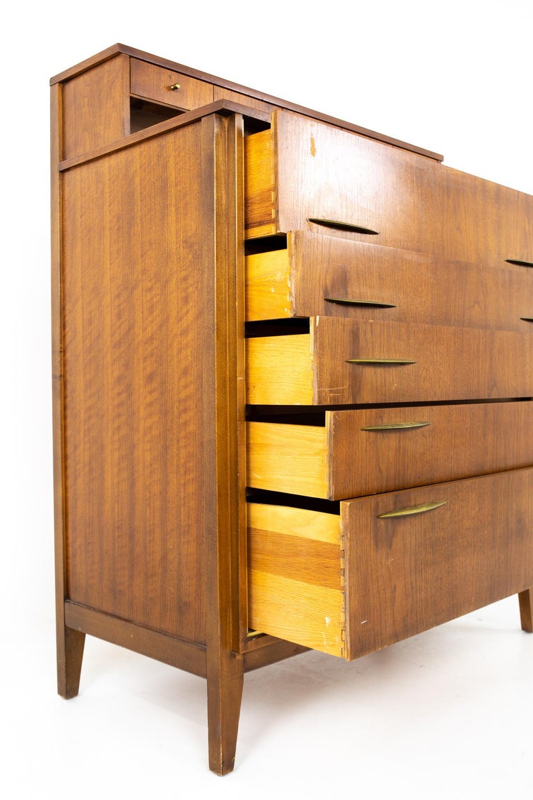 Paul McCobb Style West Michigan MCM Walnut Brass Rattan Highboy Dresser ...