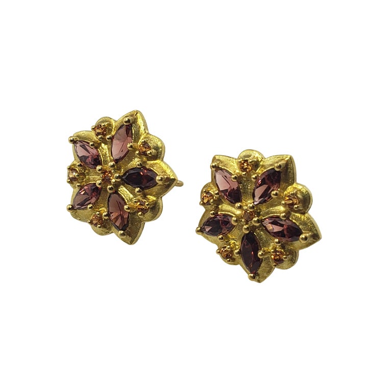 Paul Morelli 18 Karat Yellow Gold Garnet and Citrine Flower Earrings ...