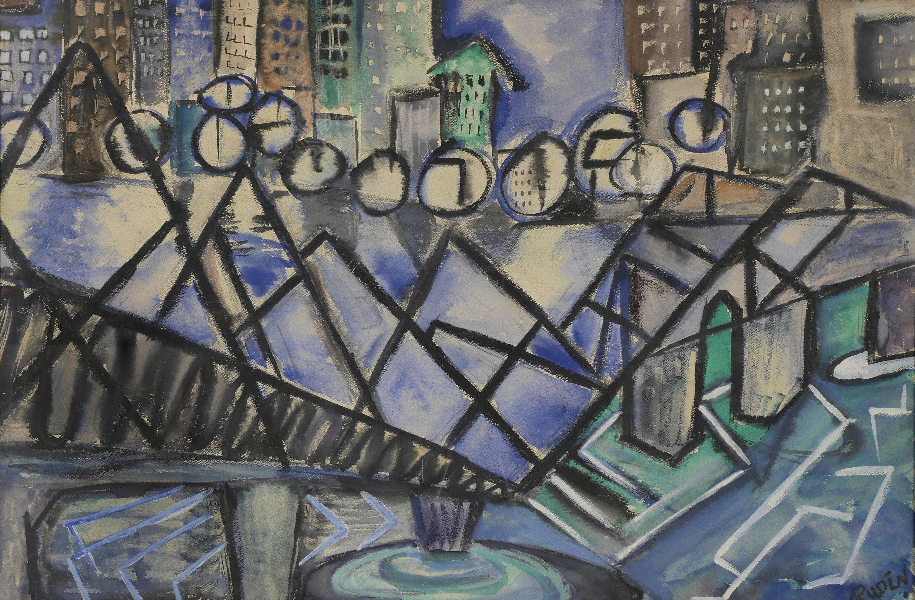 Paul Rudin - Cityscape, Abstract blue and green city and bridge ...