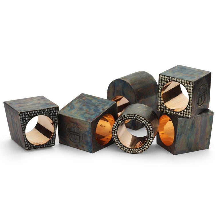 Customizable Pave Circular Cube 8K Gold and Oxidised Silver Ring with ...