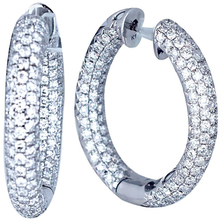 Pave Diamond 18 Karat Gold Hoops 4 Carat For Sale at 1stDibs