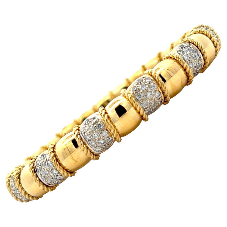 Pavé Diamond 18 Karat Yellow Gold Flexible Cuff Rounded Bangle Bracelet ...