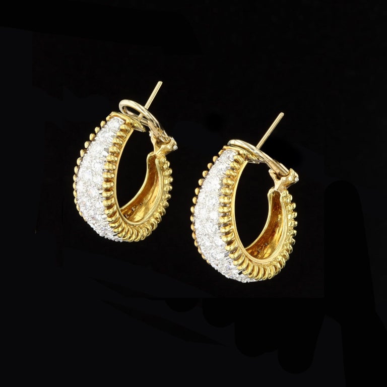 Pave Diamond 18K Gold Hoops Earrings For Sale at 1stDibs