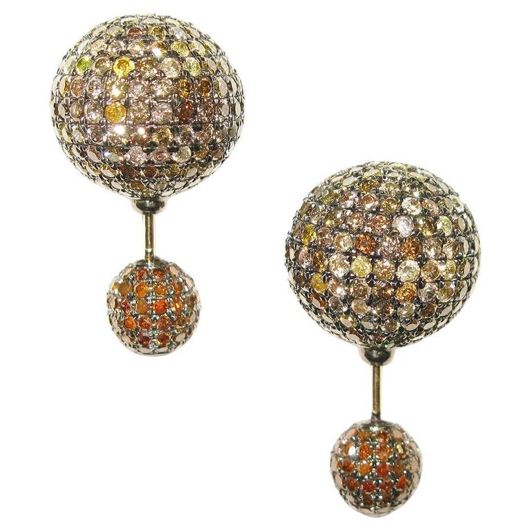 Pave Diamond Ball Tunnel Earrings Made in 14k Gold and Silver For Sale ...
