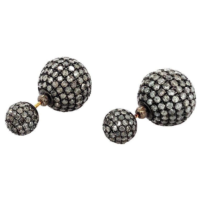 Pave Diamond Ball Tunnel Earrings Made in 18k Gold and Silver For Sale ...