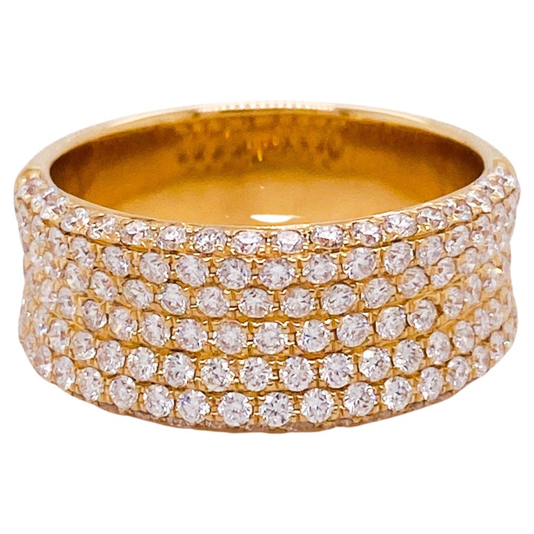 Pave Diamond Band Ring in 18K Yellow Gold 5 Row Diamonds w 2 Outside ...
