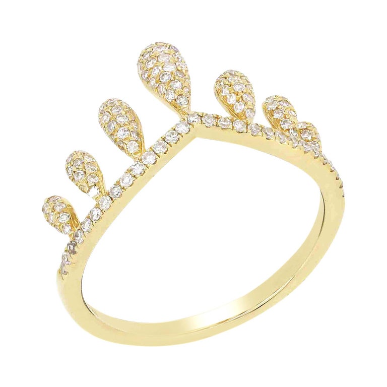 Luxle Round Pave Diamond Crown Ring in 14k Yellow Gold For Sale at 1stDibs