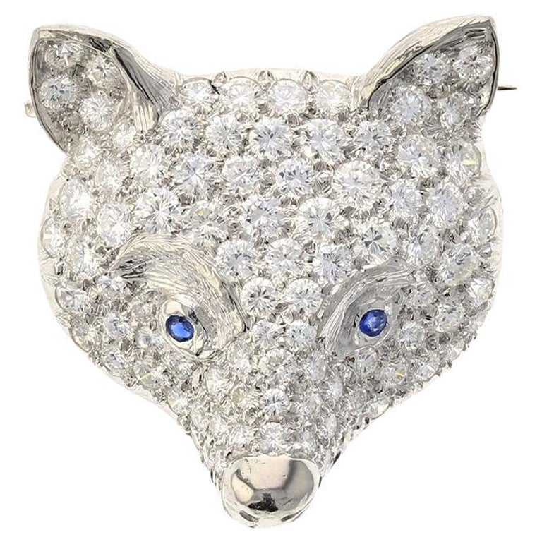 Pavé Diamond Fox Head Pin in Platinum For Sale at 1stDibs