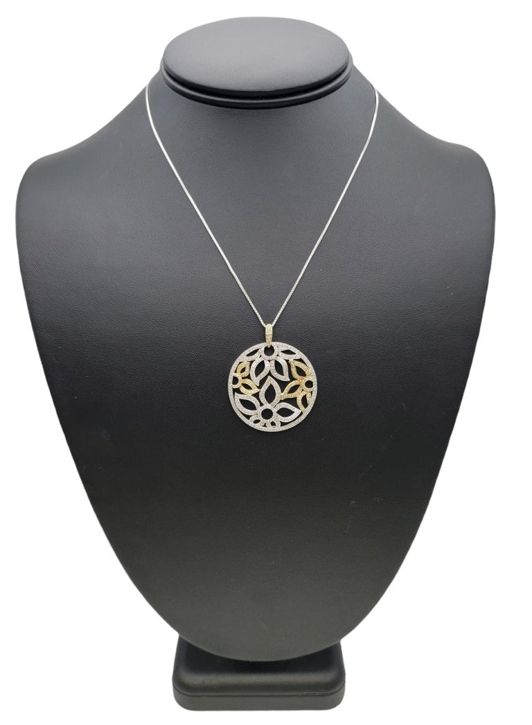 Pave Diamond Open Floral Motif Disc Round Pendant in 14 Karat Two Tone ...