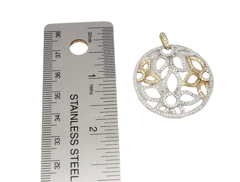 Pave Diamond Open Floral Motif Disc Round Pendant in 14 Karat Two Tone ...
