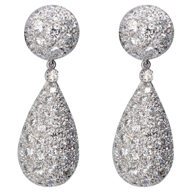 Pave Diamond Platinum Drop Earrings For Sale at 1stDibs