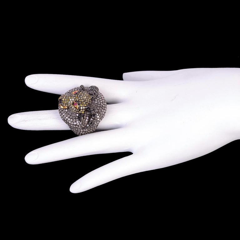 Pave Diamond and Ruby Bull Face Ring Made in Silver For Sale at 1stDibs