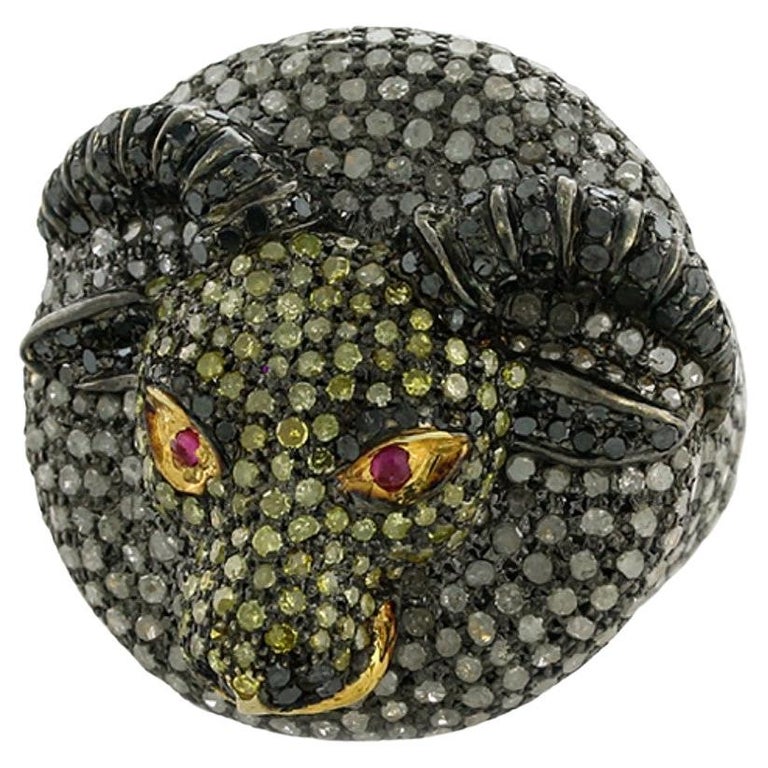 Pave Diamond and Ruby Bull Face Ring Made in Silver For Sale at 1stDibs