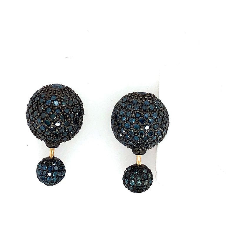 Blue Pave Diamond Tunnel Earrings Made in 14k Gold For Sale at 1stDibs