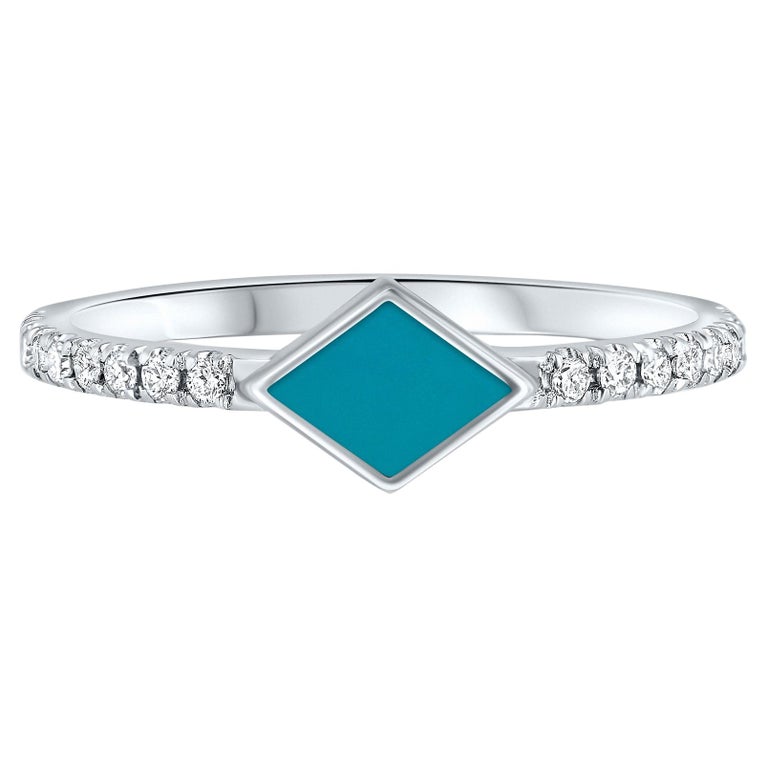 Customizable Pave Diamond Turquoise Enamel Rhombus Ring in 14K White ...