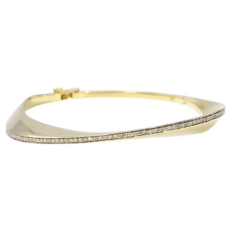 Pave Diamond Wavy Hinged Bangle Bracelet in 14 Karat Yellow Gold For Sale at 1stDibs
