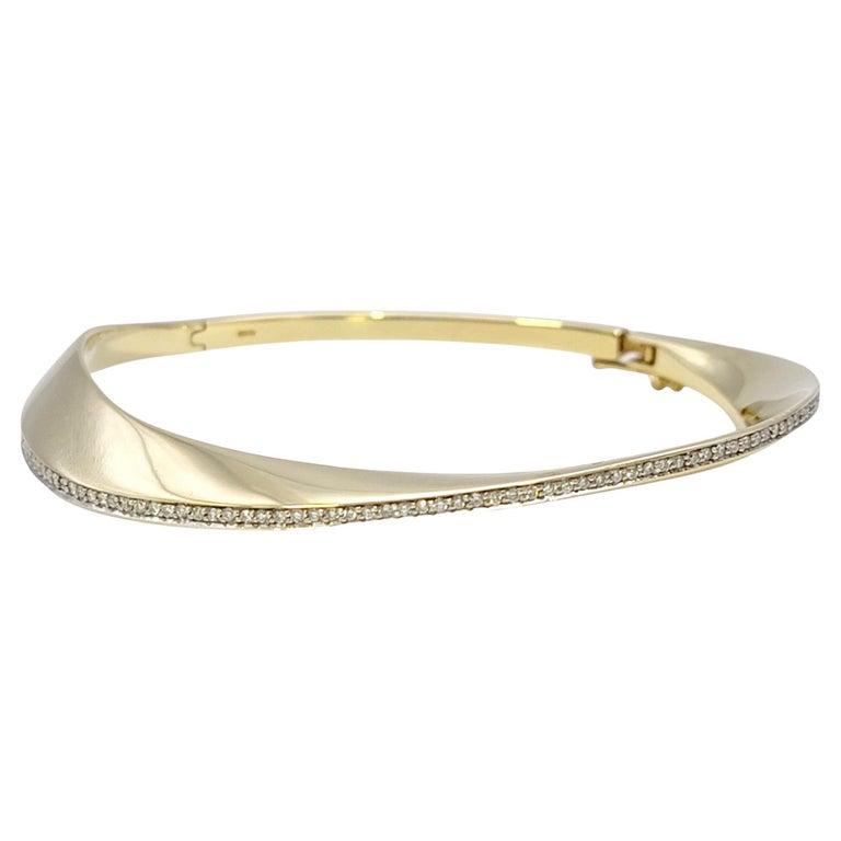 Pave Diamond Wavy Hinged Bangle Bracelet in 14 Karat Yellow Gold For ...