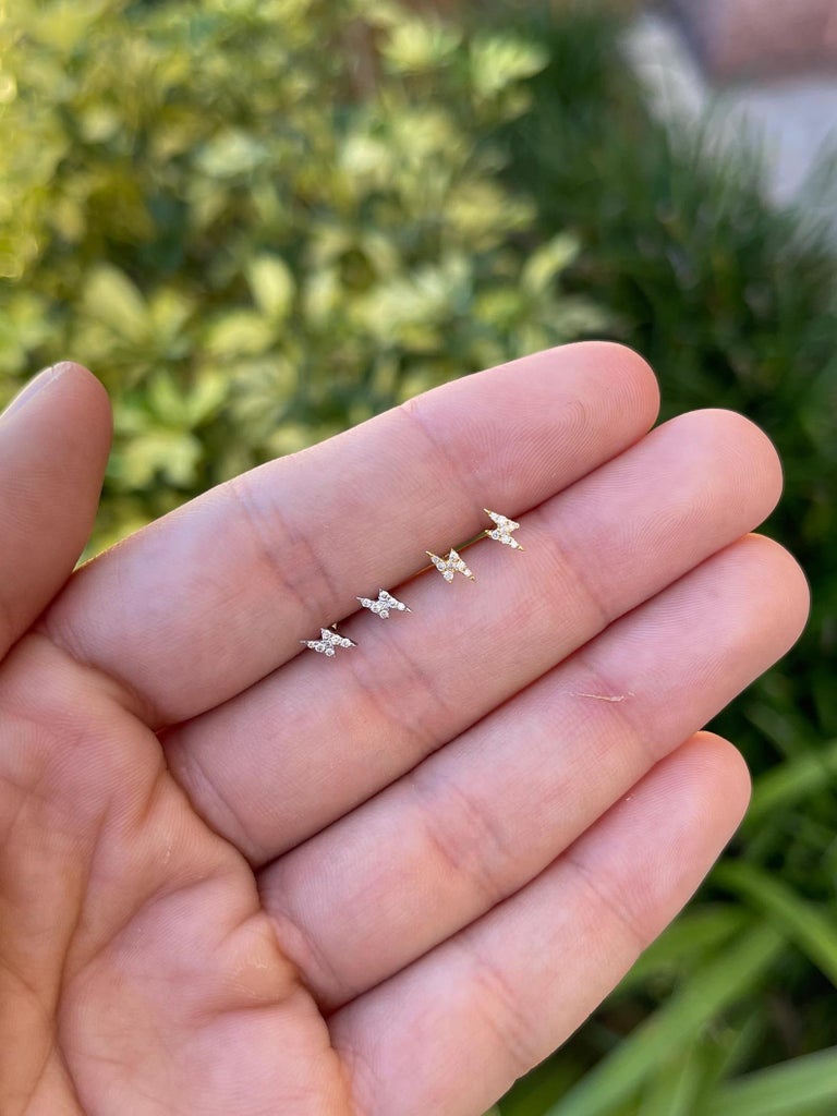 Pavé Set Natural Diamond Mini Lightning Bolt Screw Back Stud Earrings 14K For Sale at 1stDibs