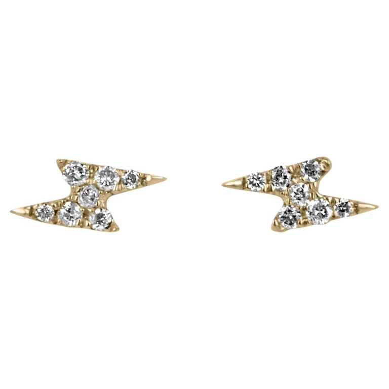 Pavé Set Natural Diamond Mini Lightning Bolt Screw Back Stud Earrings 14K For Sale at 1stDibs