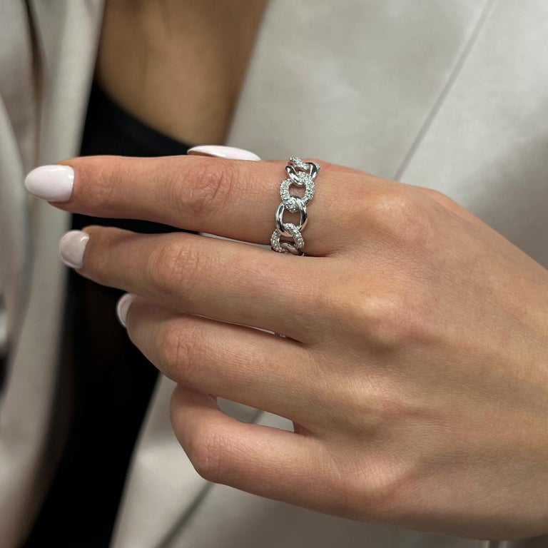 Pave Set Round Cut Diamond Chain Link Ring Band 18K White Gold 0.39cttw ...