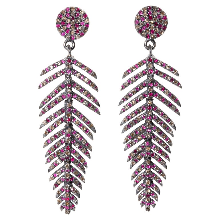 Pave-Set Ruby and Diamond Feather Dangle Earrings For Sale at 1stDibs