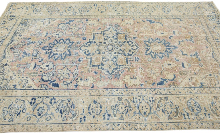Peach and Beige Handmade Antique Persian Heriz Wool Rug with Medallion ...