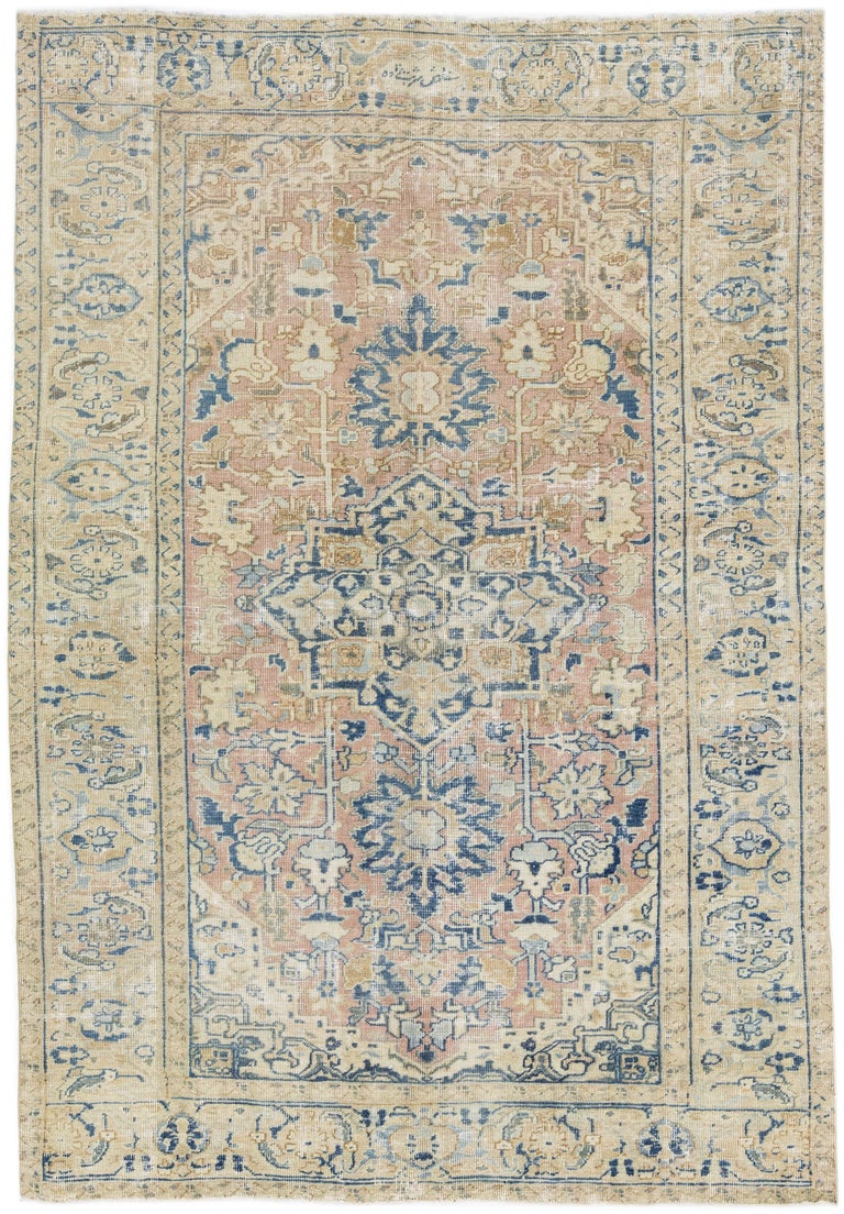 Peach and Beige Handmade Antique Persian Heriz Wool Rug with Medallion ...