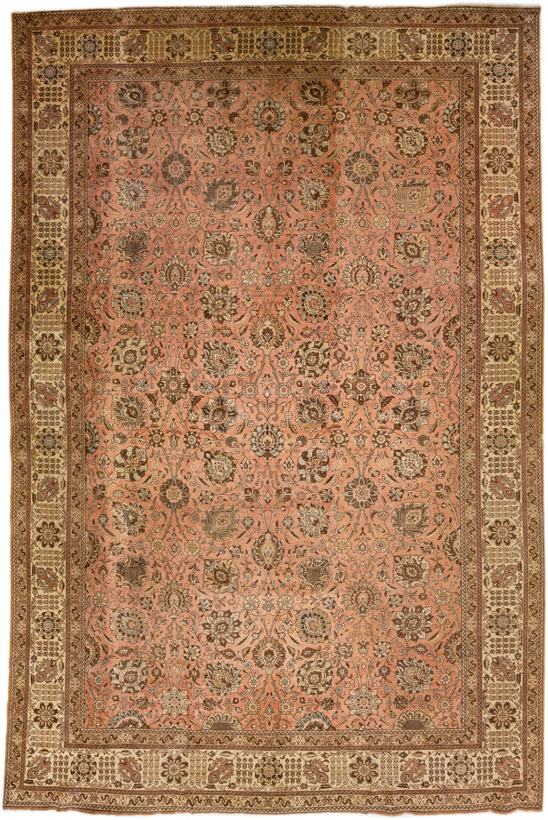 Peach Handmade Antique Persian Tabriz Wool Rug with Floral Motif For ...