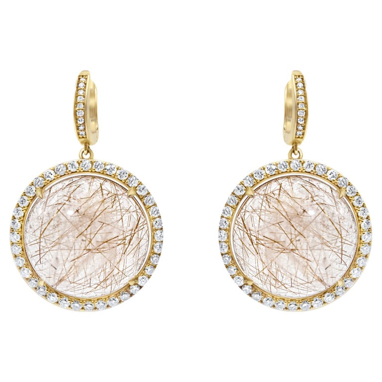 Peach Pink Rutilated Quartz Round Cabochon Diamonds Halo Drop 14k Gold ...