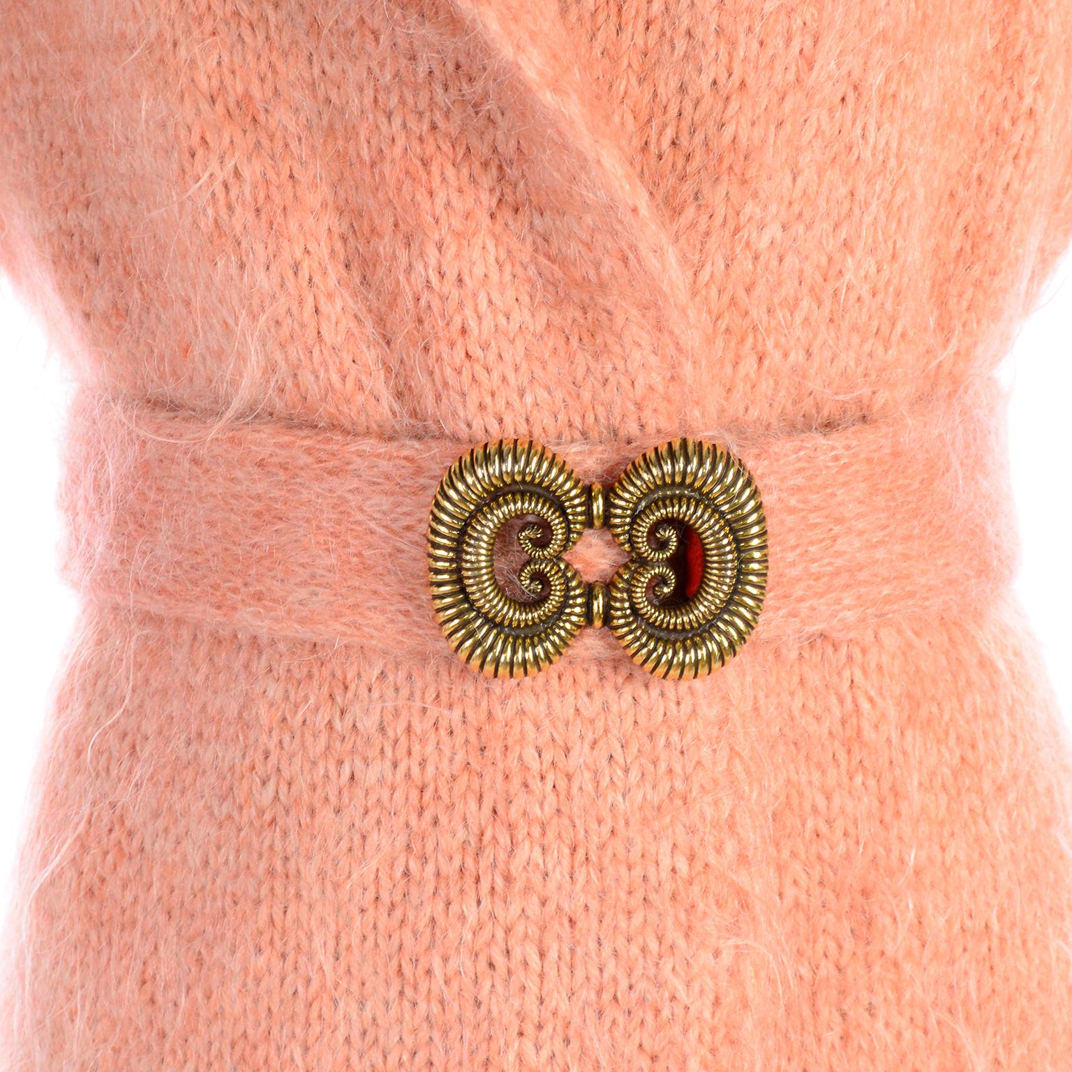 Peach Pink Vintage Mohair Coat With Belt and Decorative Bronze Clasp at ...