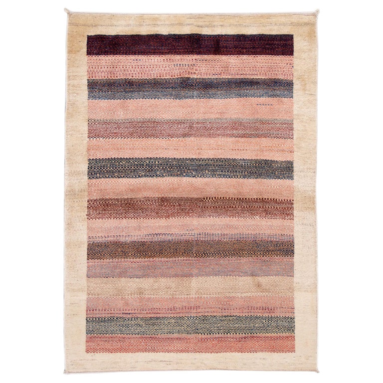 Peach Striped Modern Gabbeh Handmade Wool Rug For Sale at 1stDibs