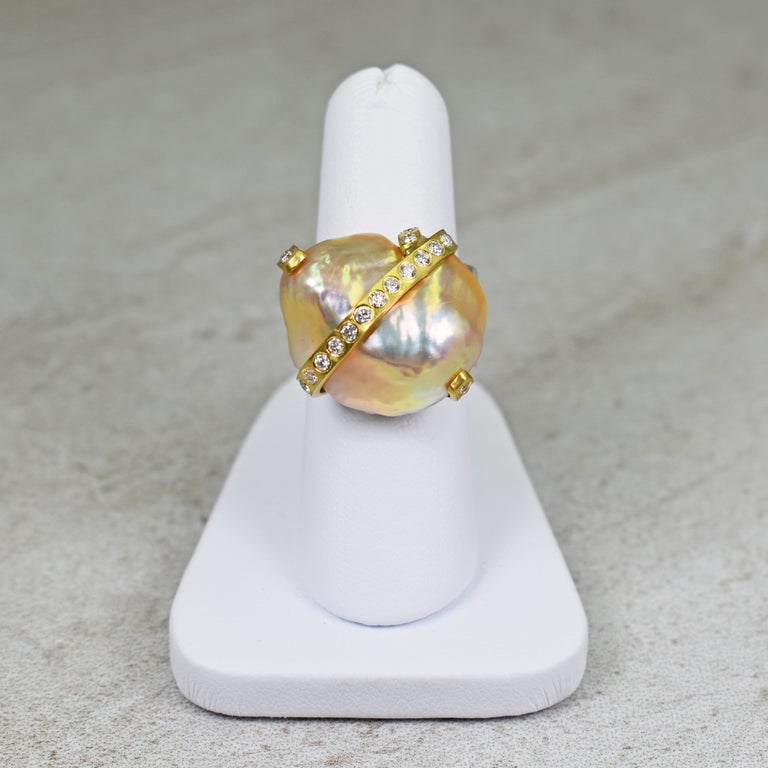 Peachy Pink Baroque Pearl with Diamond and 22 Karat Gold Ribbon ...