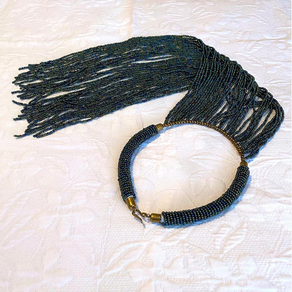 Peacock Blue Beaded Waterfall Necklace For Sale at 1stDibs