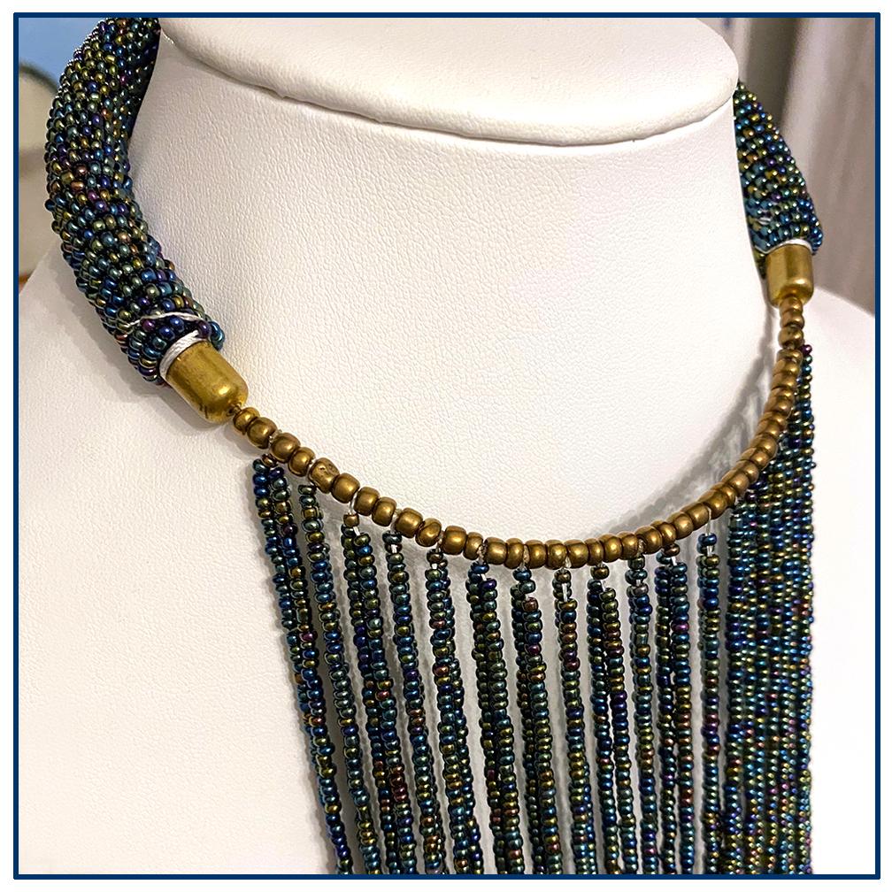 Peacock Blue Beaded Waterfall Necklace For Sale at 1stDibs